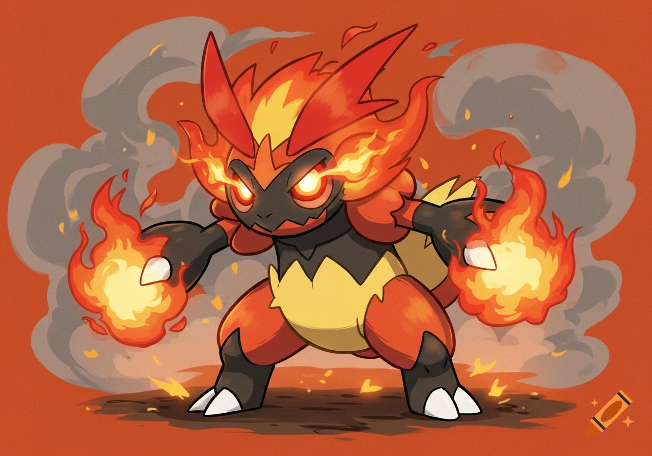 A cartoon monster with fire for hair and hands, with glowing eyes. on ...