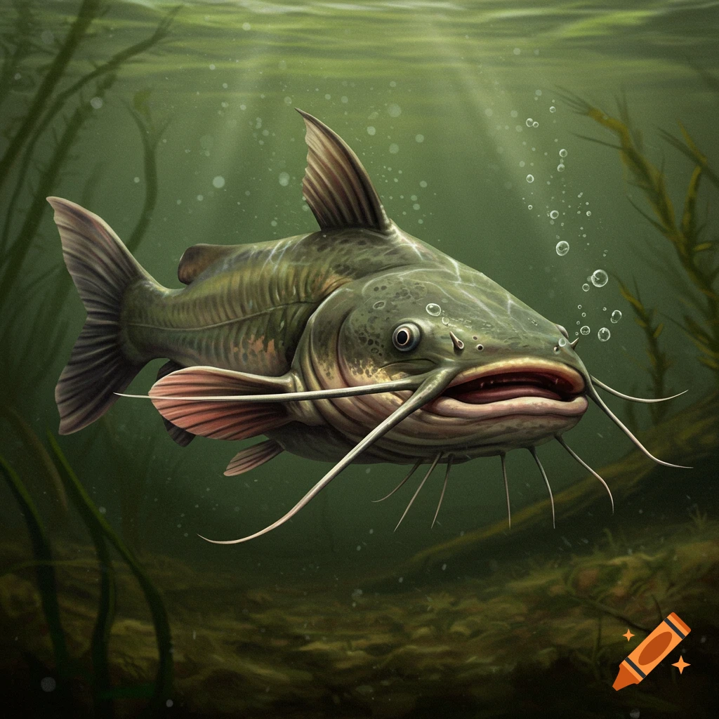 A catfish swims underwater among plants and bubbles. on Craiyon