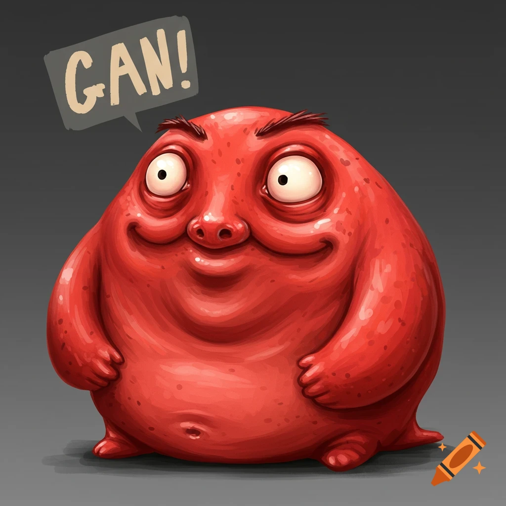 A funny cartoon red blob creature with large eyes and a speech bubble ...