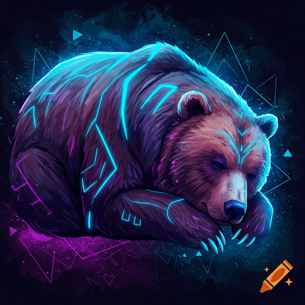 Techno-themed hibernating bear illustration with neon lines on Craiyon