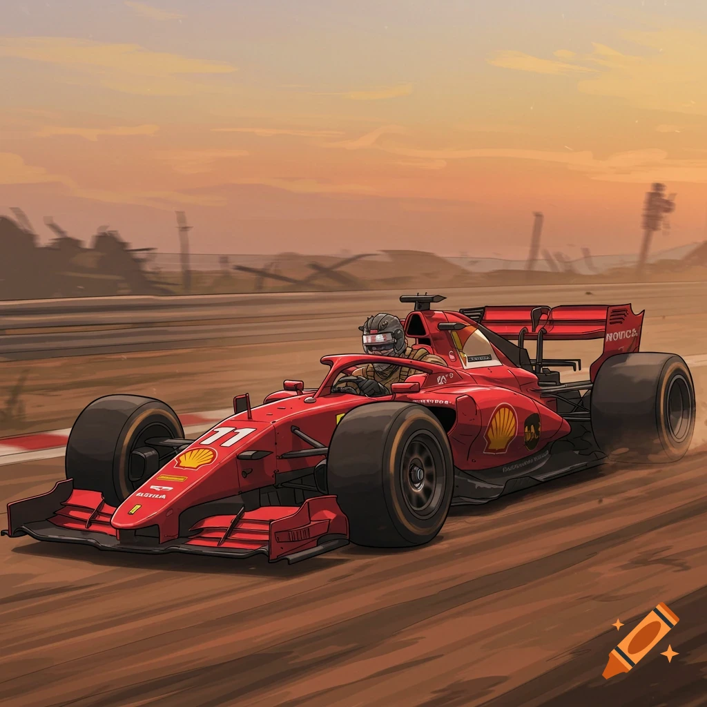 A red Formula 1 car with a driver races on a track against a sunset sky ...