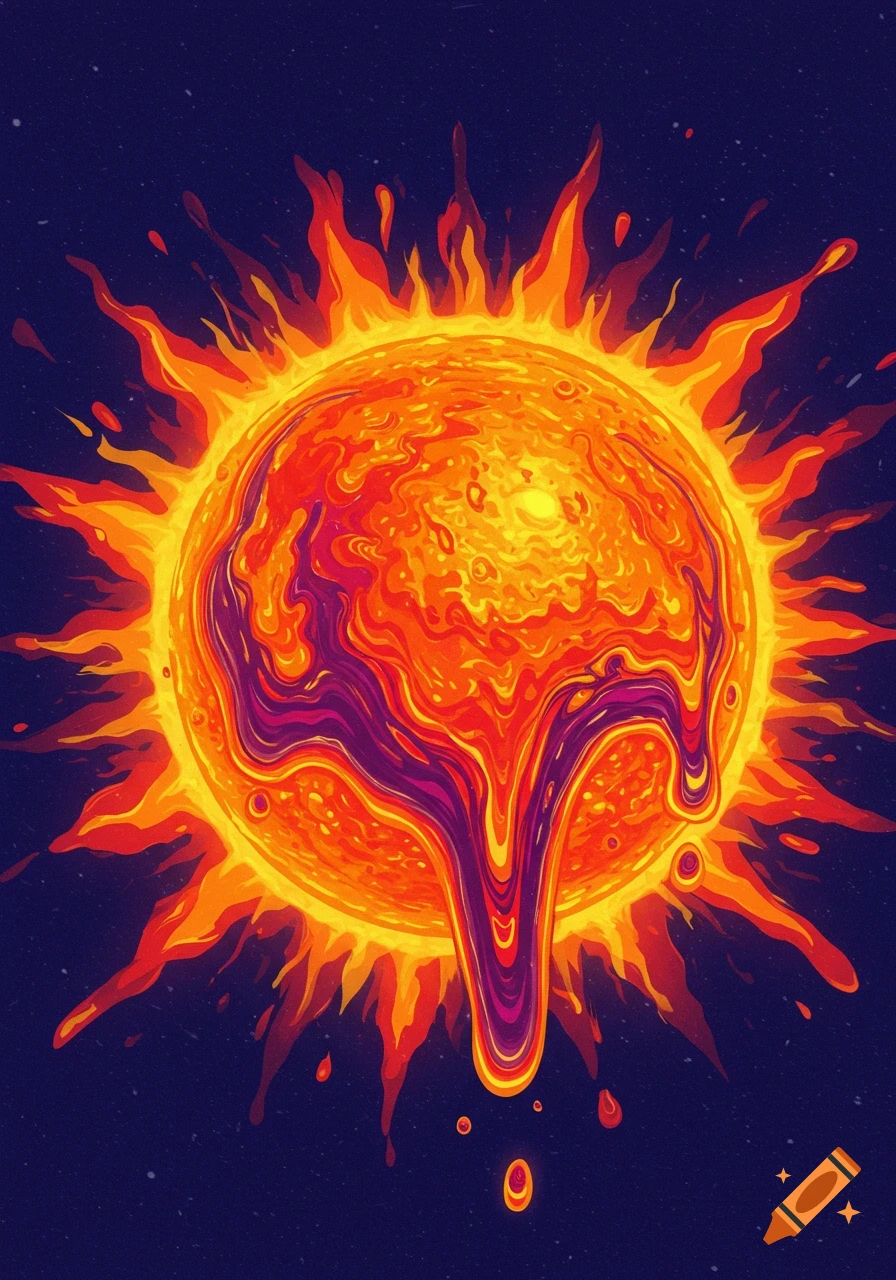 Stylized illustration of a melting sun against a dark, starry ...
