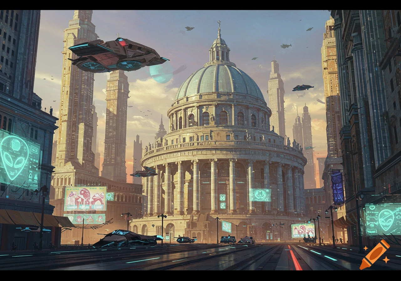 Futuristic city with Roman-style architecture, flying ships, and neon ...