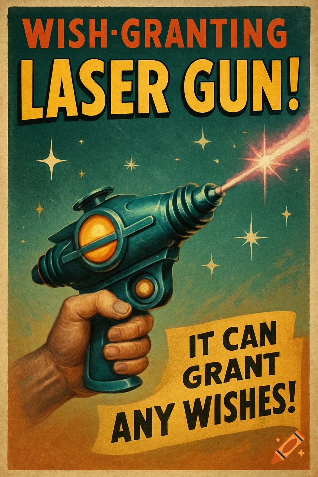 Vintage poster advertising a wish-granting laser gun held by a hand ...