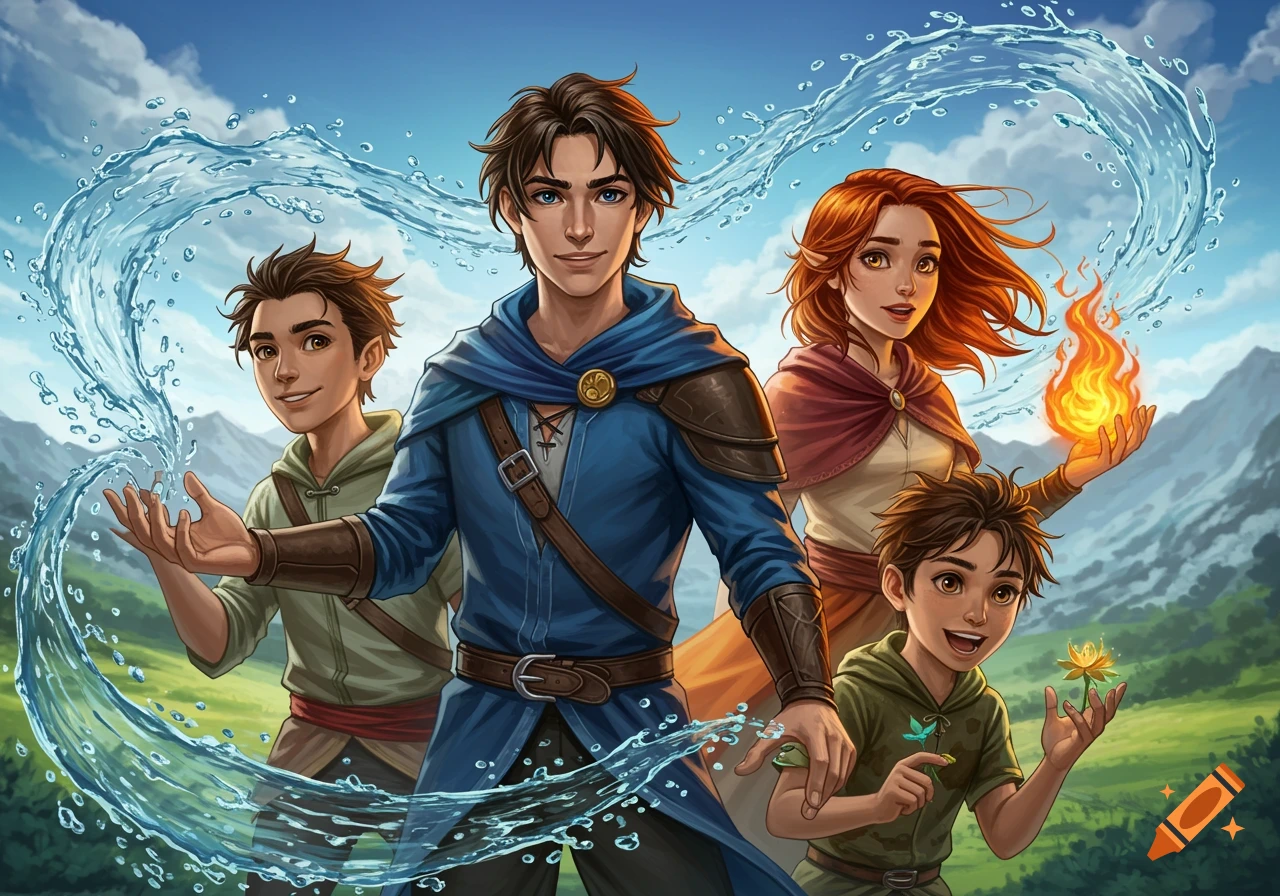 Illustration of four young fantasy characters using water, fire, and ...