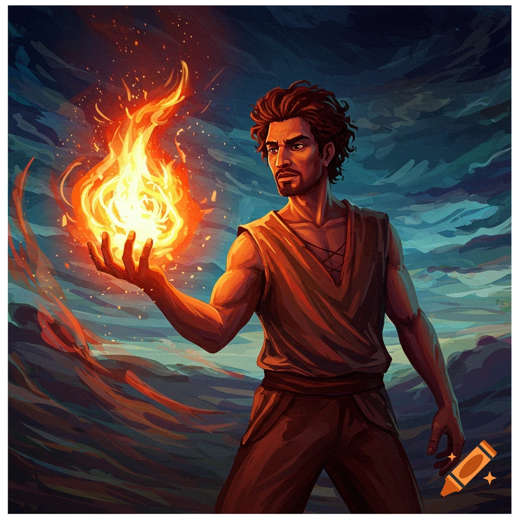 An illustration of a man holding a ball of fire in his hand against a ...