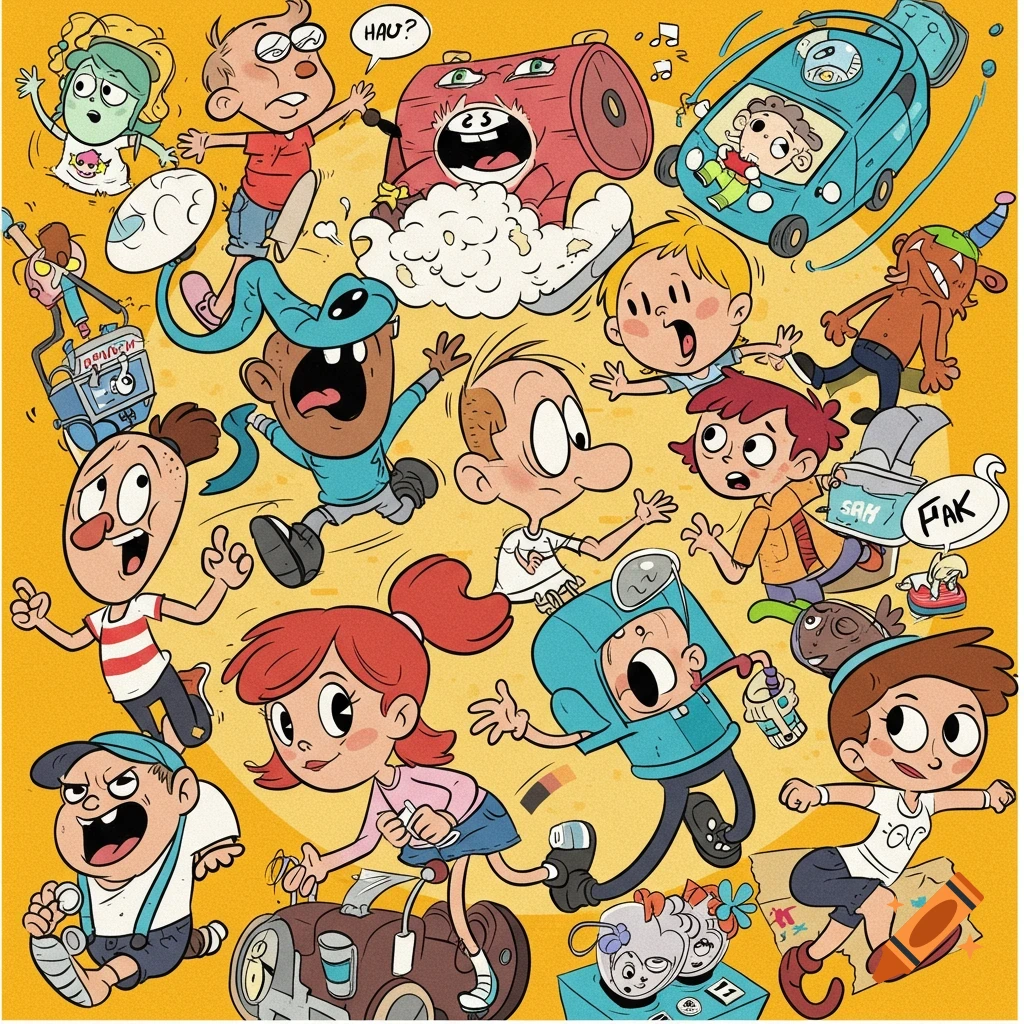 Crowded cartoon illustration of various characters and objects in ...