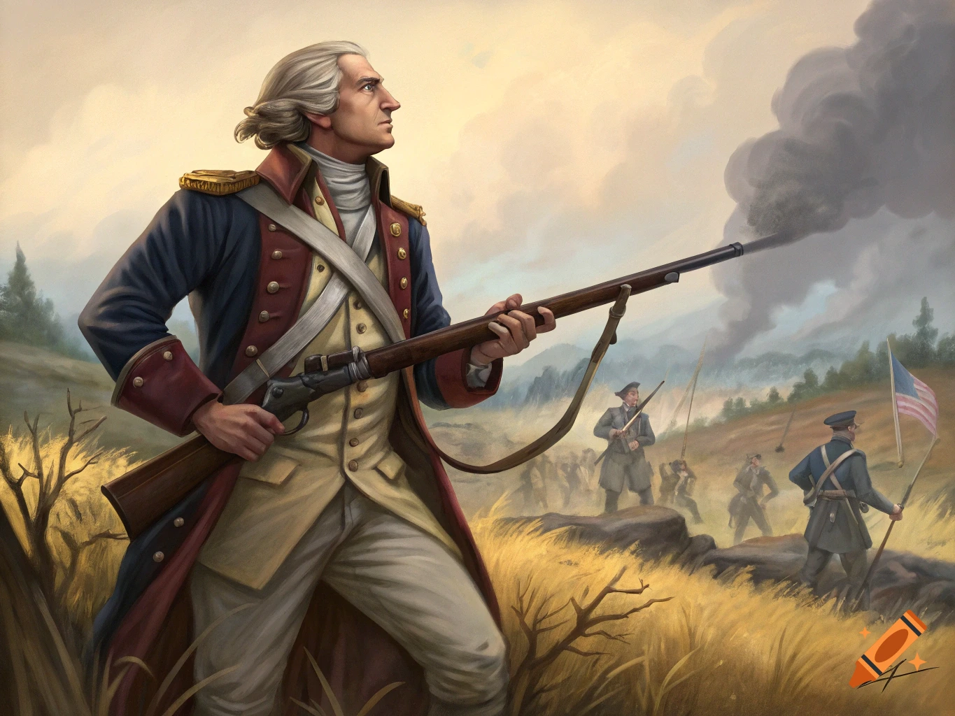 Painting of George Washington on a battlefield holding a musket. on Craiyon