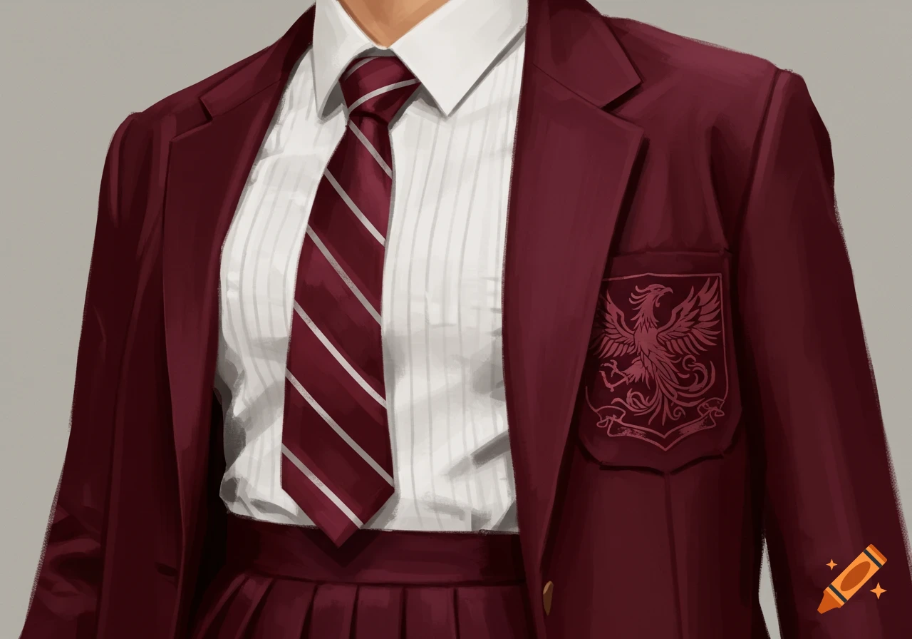 Close up of a maroon school uniform with a striped tie and a phoenix ...