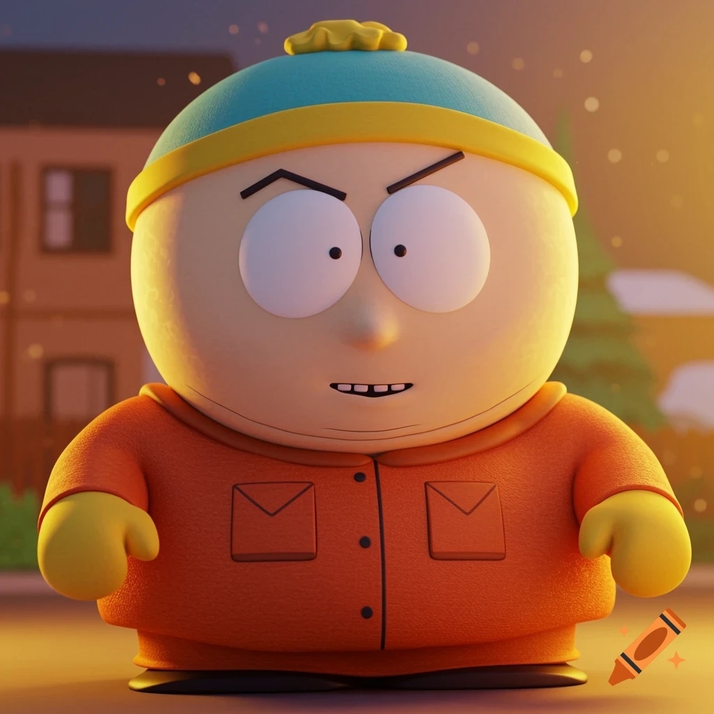 3D rendering of Eric Cartman from South Park looking annoyed. on Craiyon