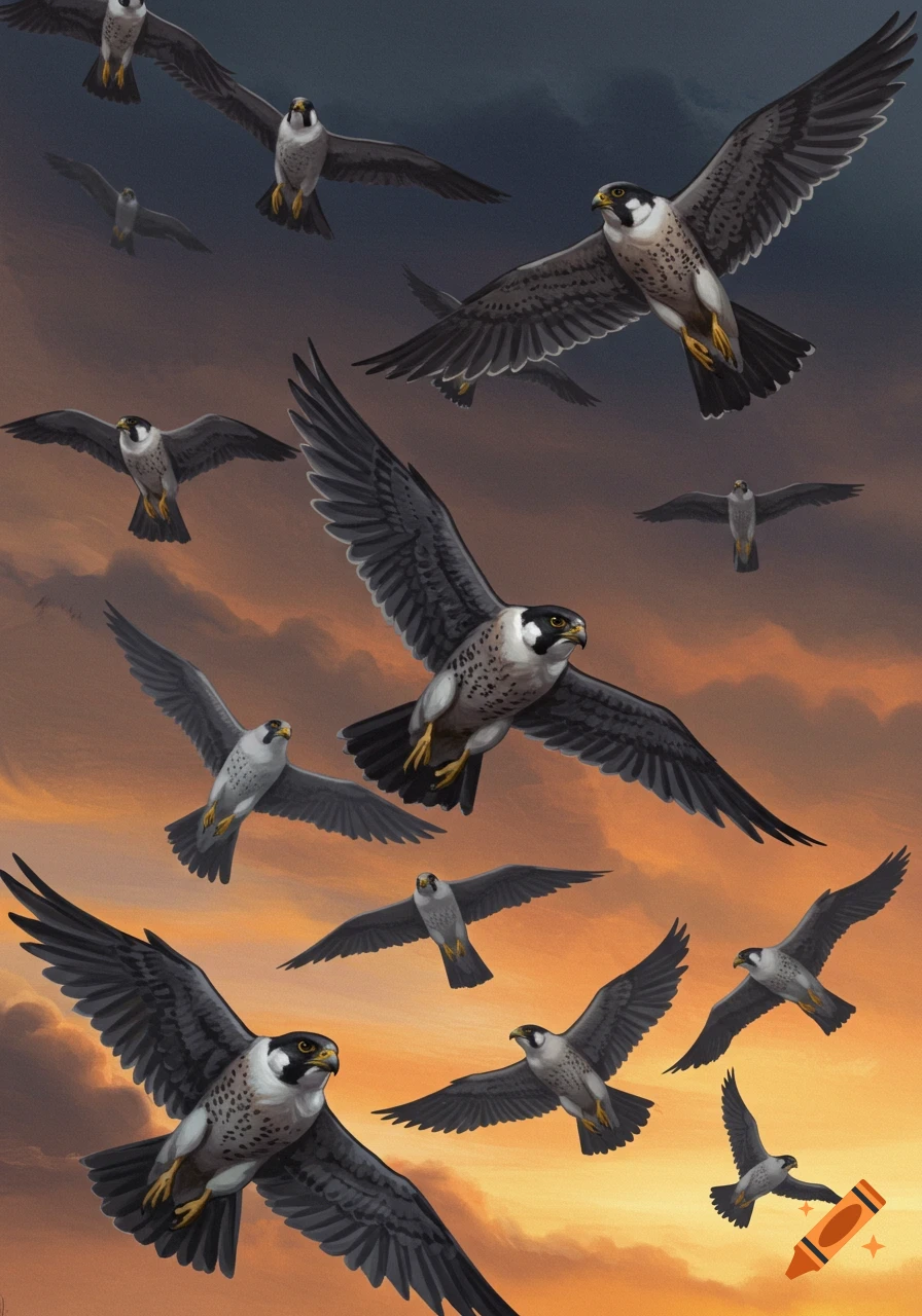 Multiple falcons fly against an orange and dark cloudy sky. on Craiyon