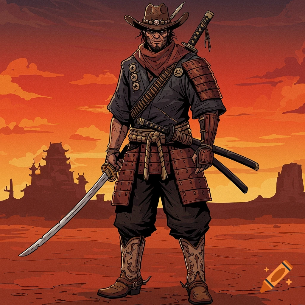 A stylized illustration of a cowboy samurai character standing in a ...