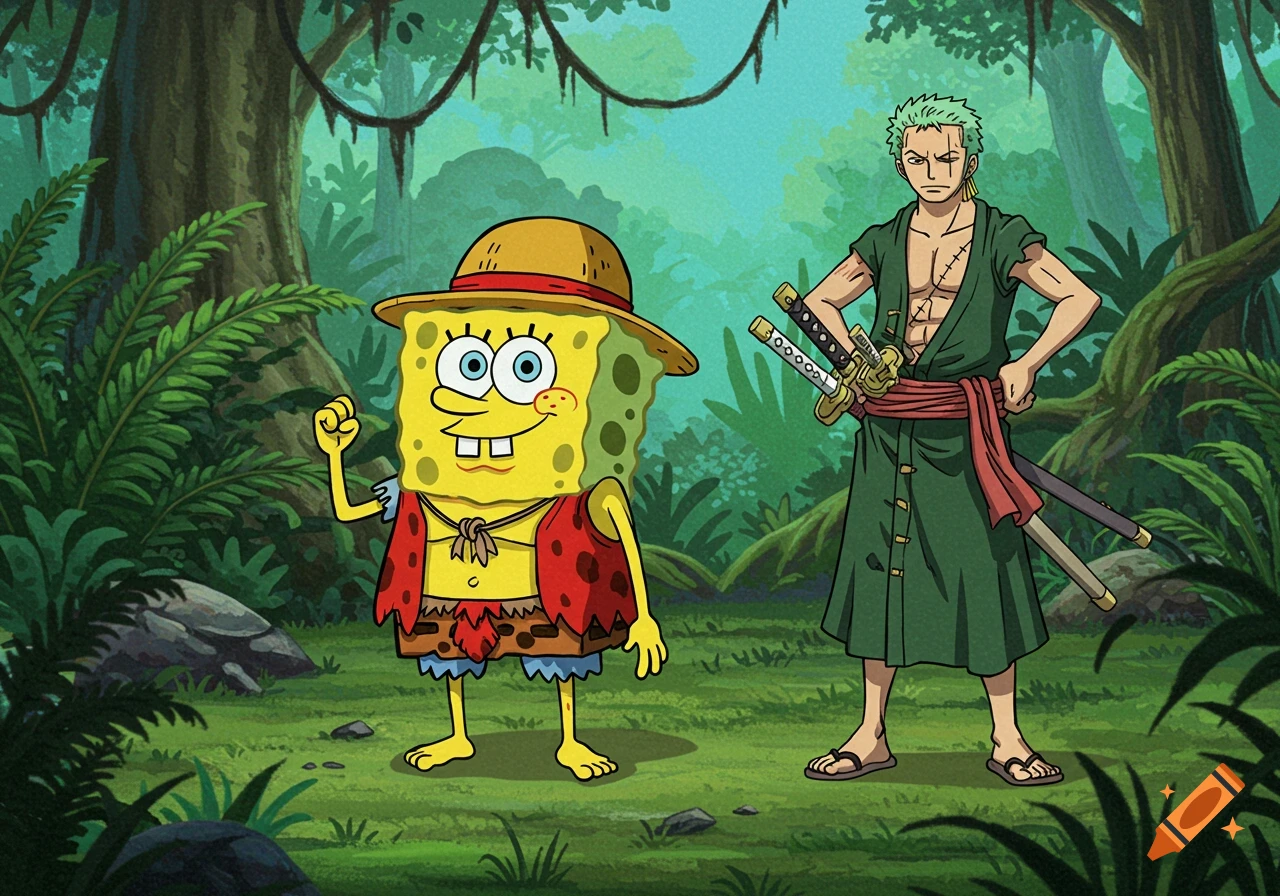 SpongeBob dressed as Luffy stands next to Zoro in a jungle setting ...