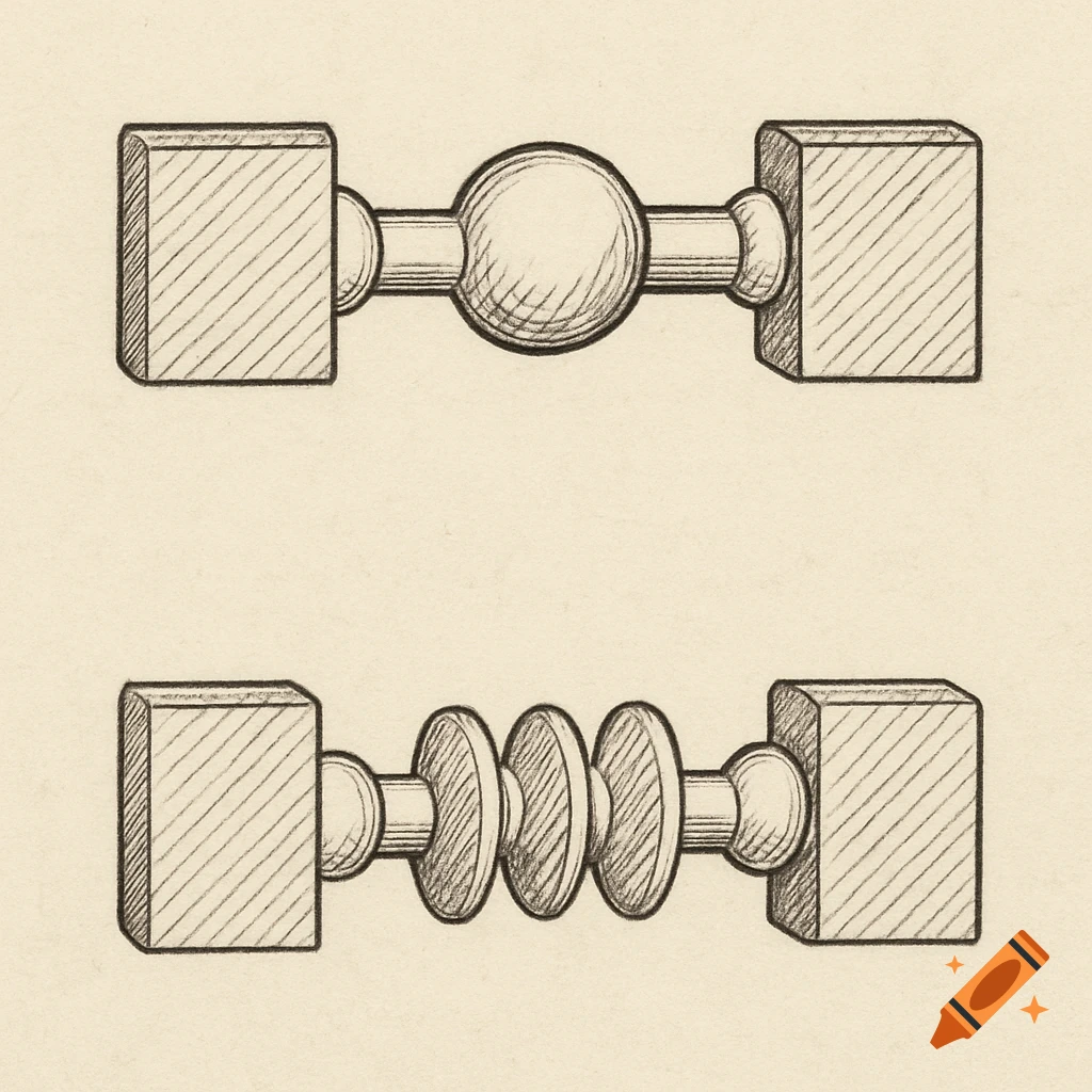 Two technical sketches of connecting mechanisms, one with a sphere and ...