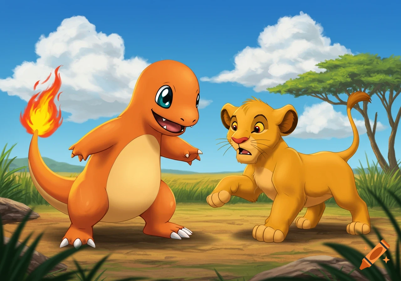 Cartoon illustration of Charmander and Simba the lion cub facing each ...