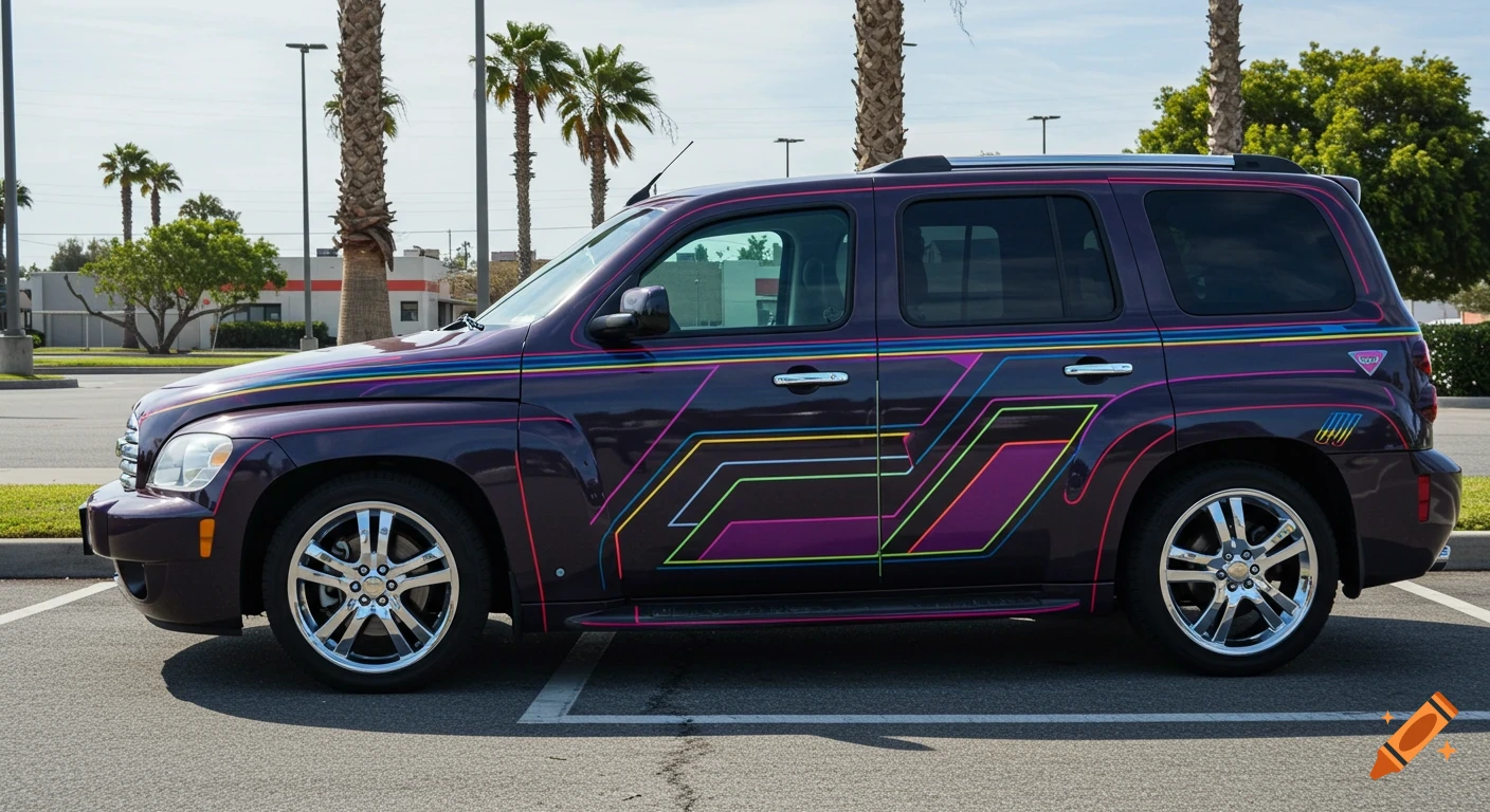 Purple Chevy HHR with neon line art paint in a parking lot with palm ...