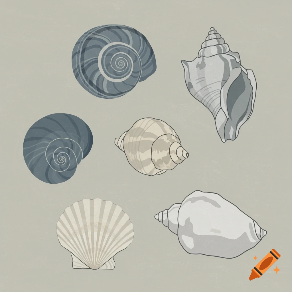 A minimalist painting of various seashells. on Craiyon