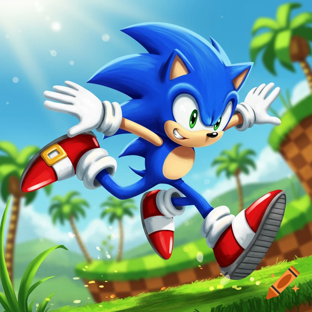Sonic the Hedgehog running through a grassy landscape with palm trees ...