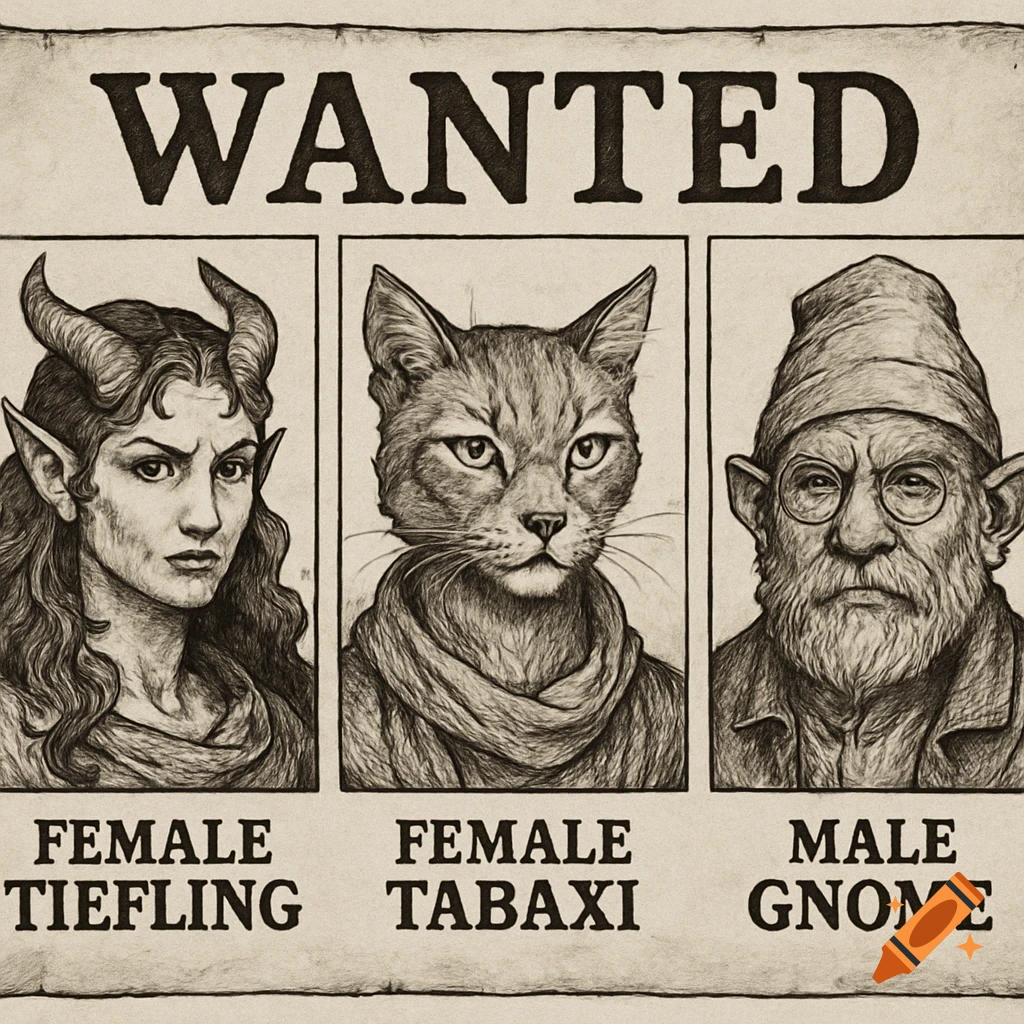 Hand-drawn wanted poster with portraits of a female Tiefling, female Tabaxi, and male gnome. on ...