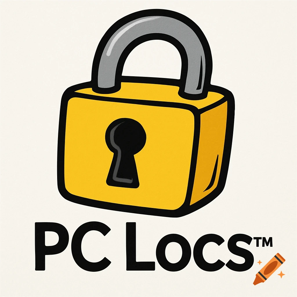 Cartoon yellow padlock logo with the text PC Locs below. on Craiyon