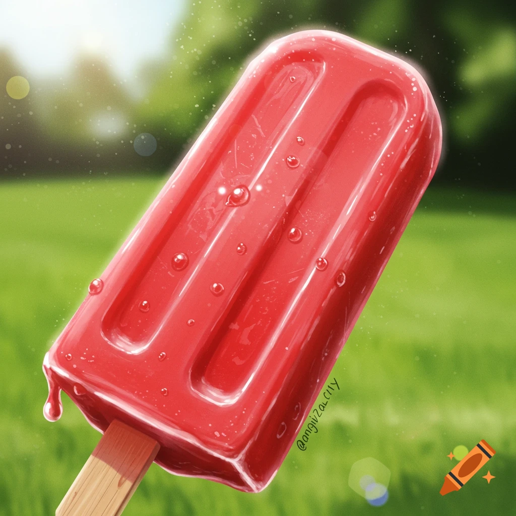 A red popsicle with water droplets is held up in a blurry green outdoor ...