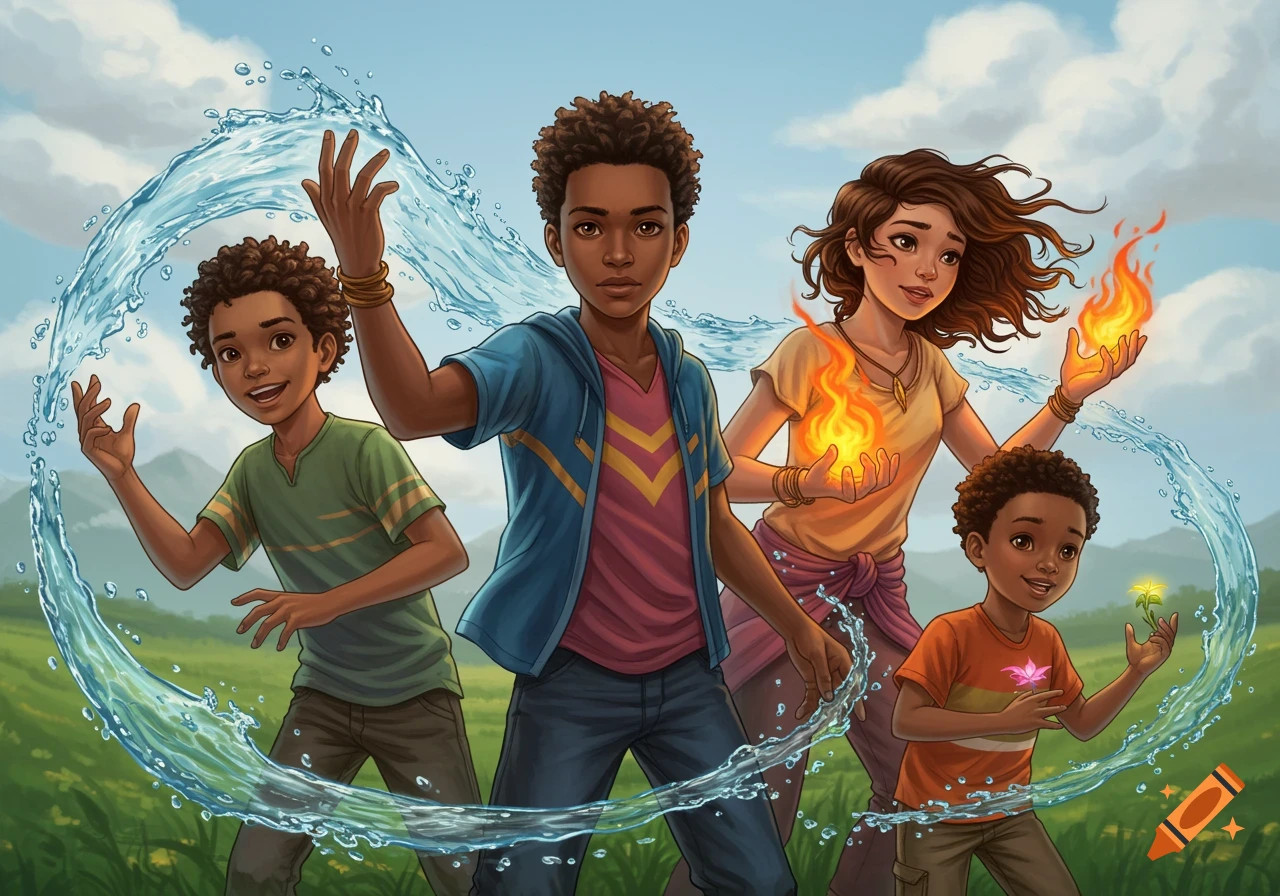 Four diverse children with elemental powers manipulating water, fire ...