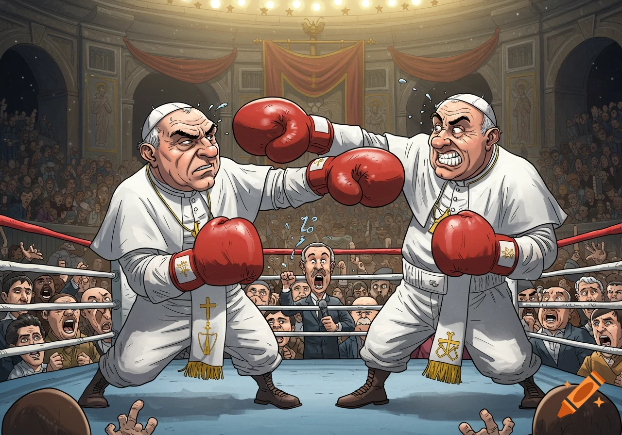 Cartoon illustration of two popes boxing in a ring, surrounded by a ...