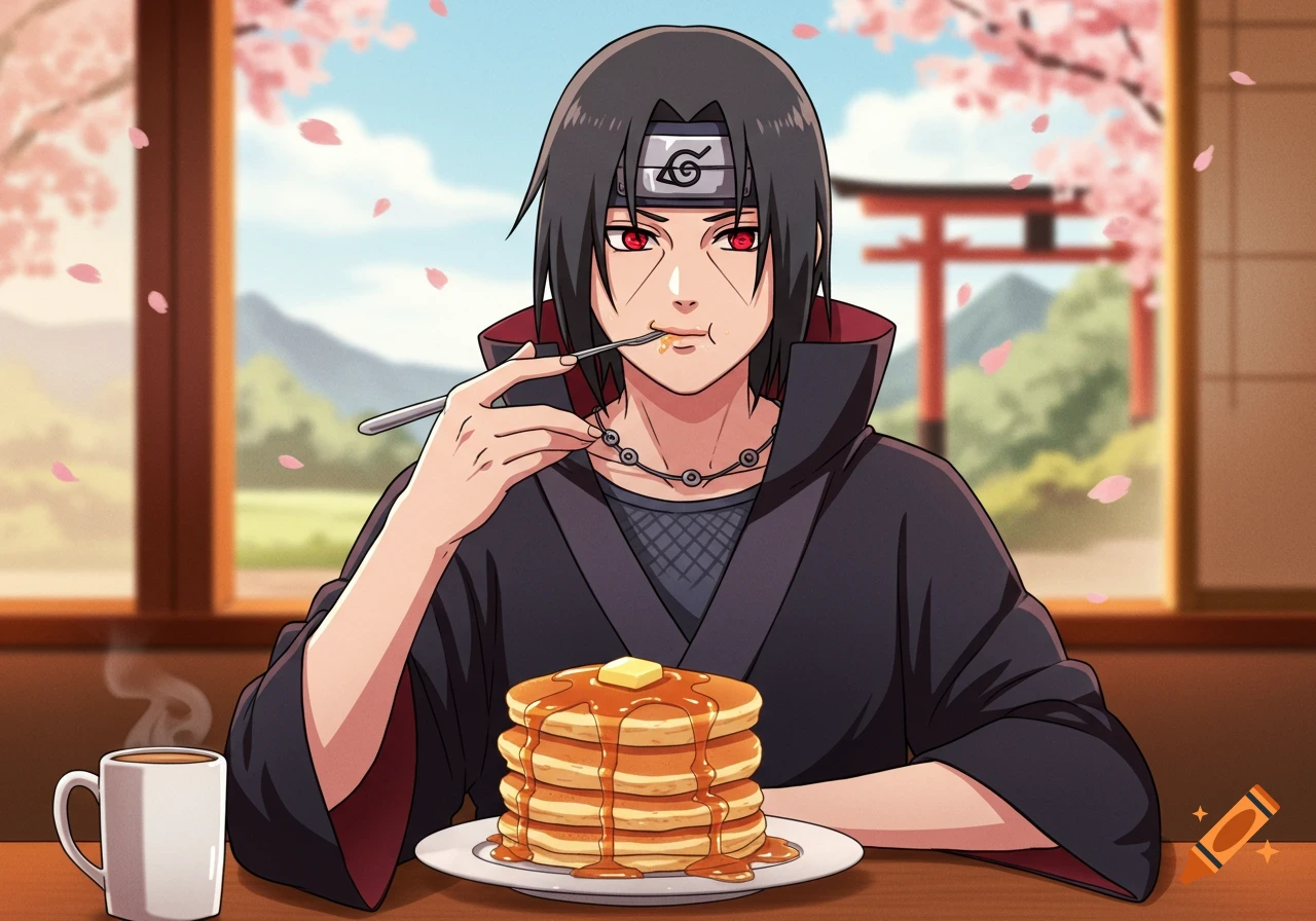 Anime drawing of Itachi Uchiha eating a stack of pancakes in a room ...