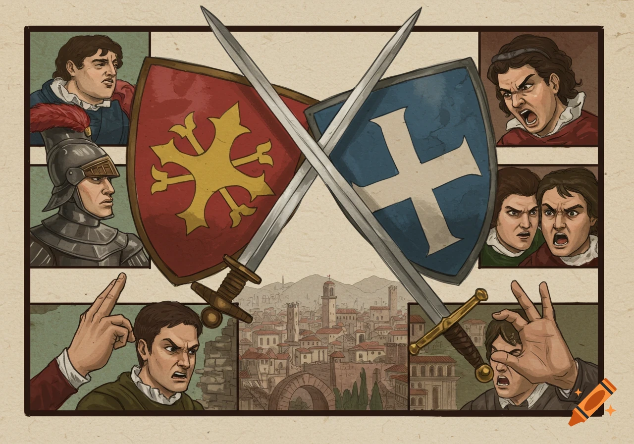 Comic-style illustration of clashing shields, crossed swords, angry ...