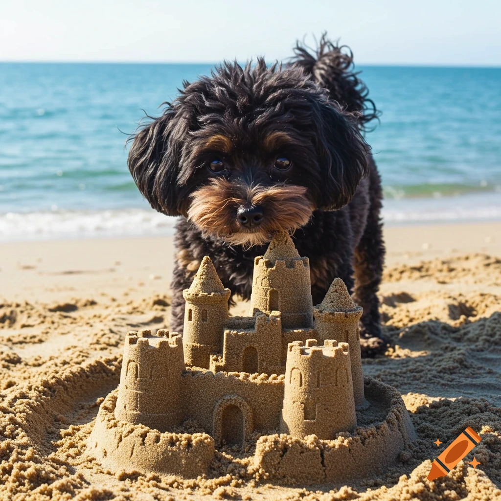 A small dog builds a sandcastle on a beach. on Craiyon