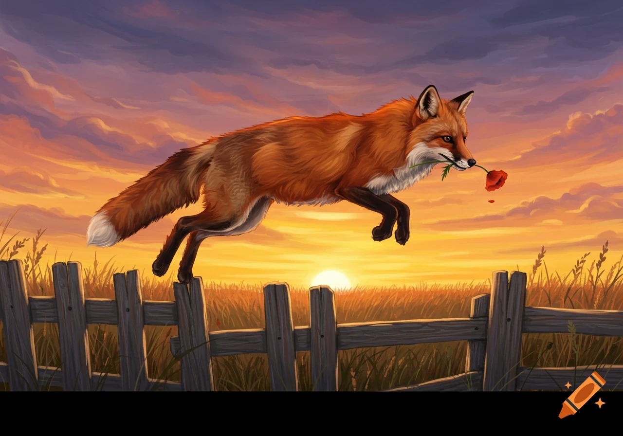 A red fox jumps over a fence holding a poppy in its mouth at sunset ...