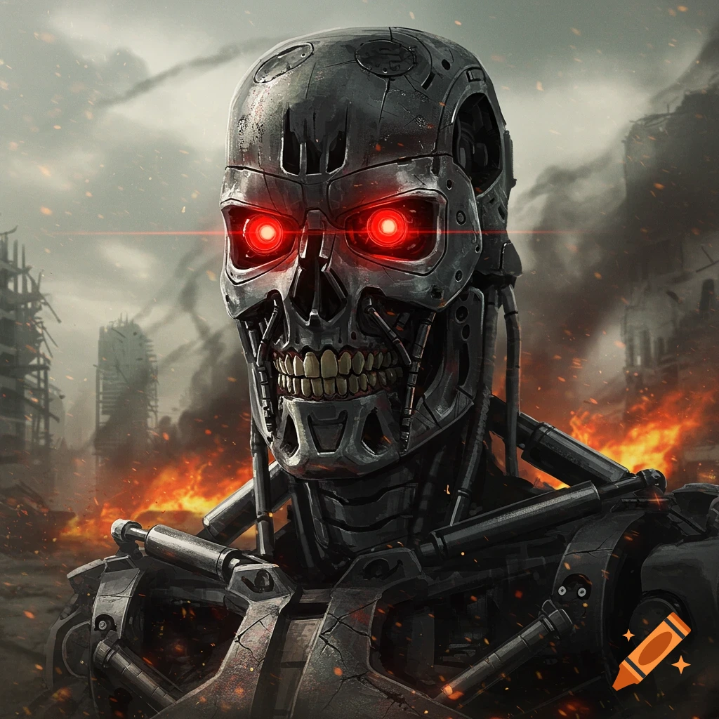 Close-up illustration of a Terminator robot head with red eyes in a ...