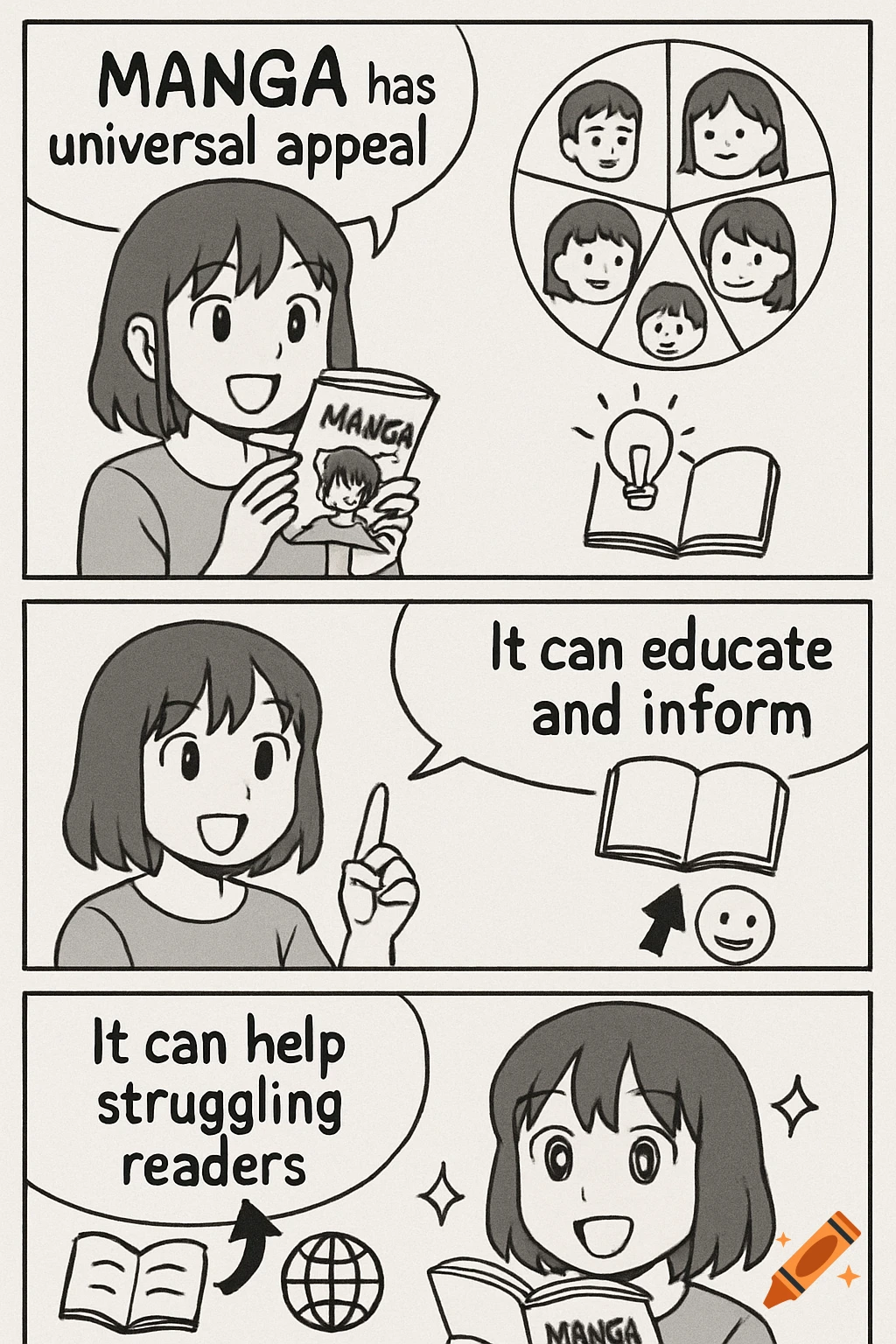 A three-panel manga-style comic shows a person explaining the universal ...