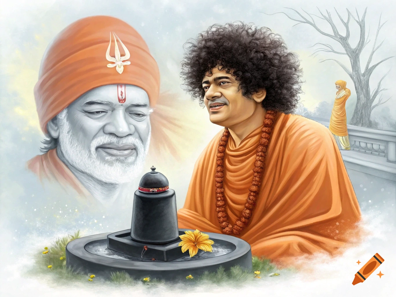 Painting of Sathya Sai Baba, Shirdi Sai Baba, and a Shiva Lingam. on Craiyon