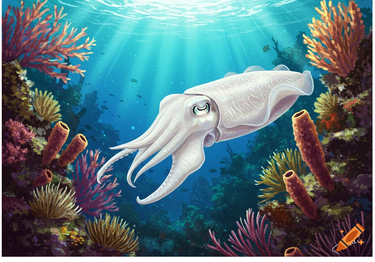 An illustration of a white cuttlefish swimming in a coral reef with sun ...
