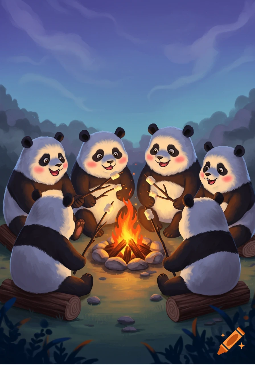 Five cute pandas roasting marshmallows over a campfire at night ...