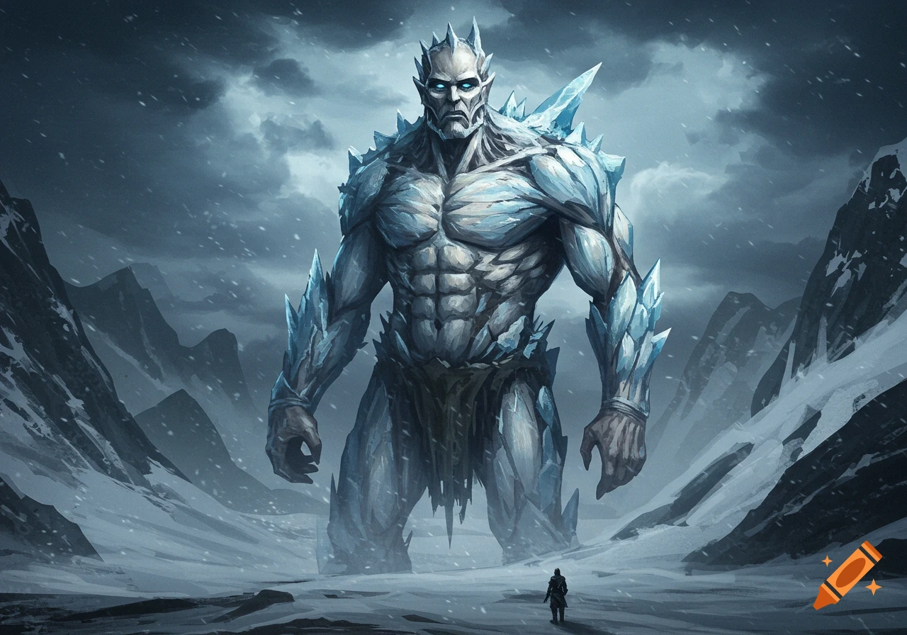 A giant ice creature stands in a snowy mountain valley, dwarfing a tiny ...