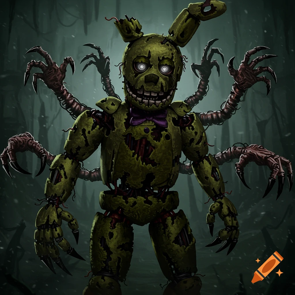 Damaged green animatronic rabbit with multiple arms in a dark forest ...