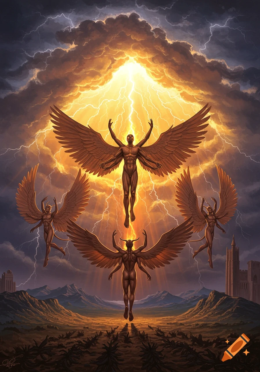 Four multi-limbed winged beings fly in a storm under rays of light ...