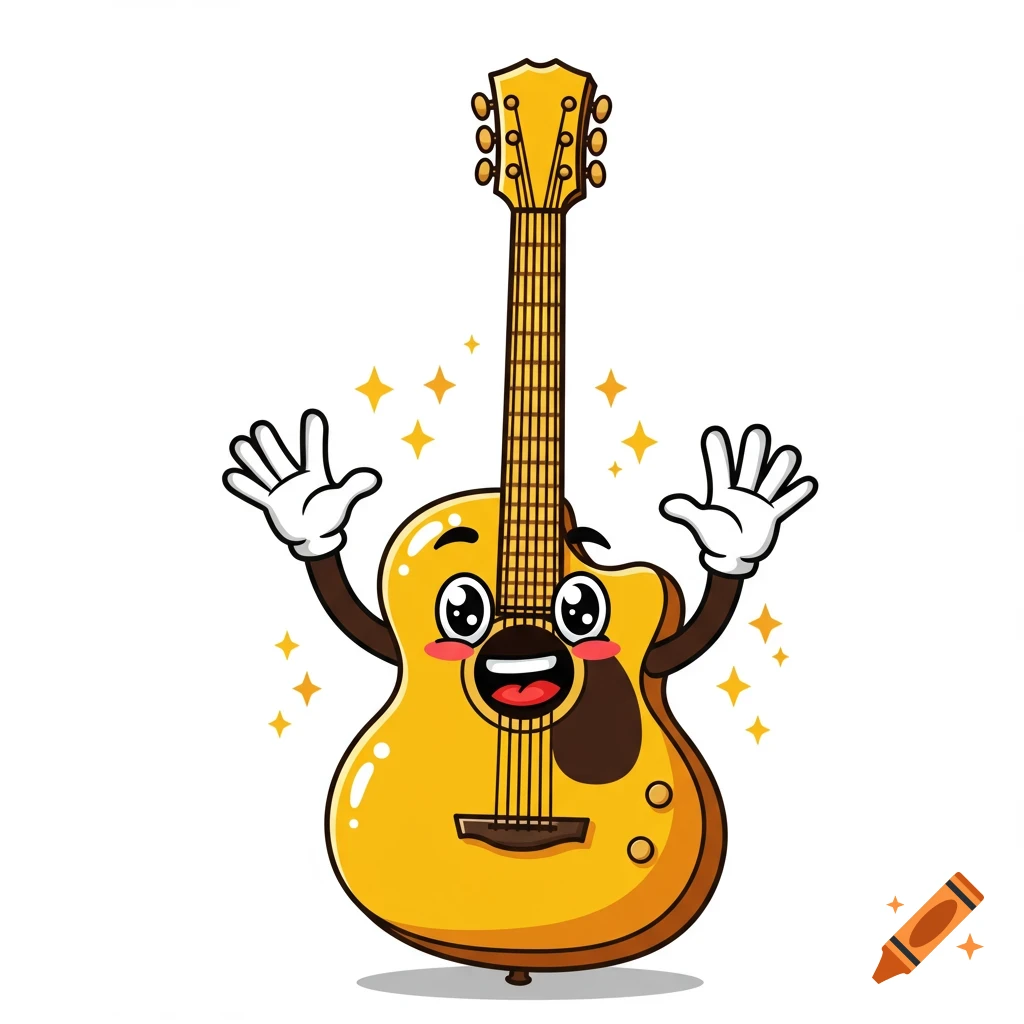 Cartoon guitar character waving with sparkly stars. on Craiyon
