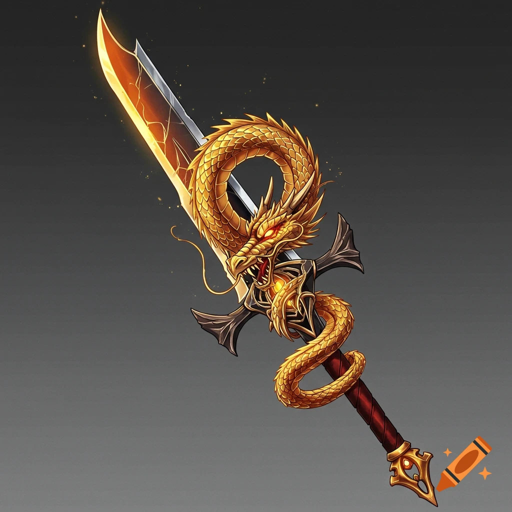 Fantasy sword with a golden dragon wrapped around the hilt and blade ...