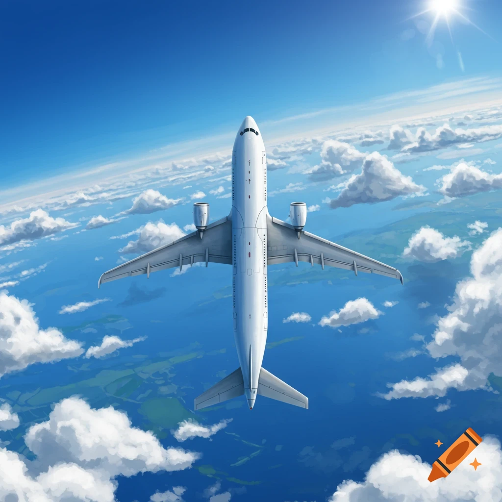 An airplane flies high above clouds, seen from directly overhead, with ...