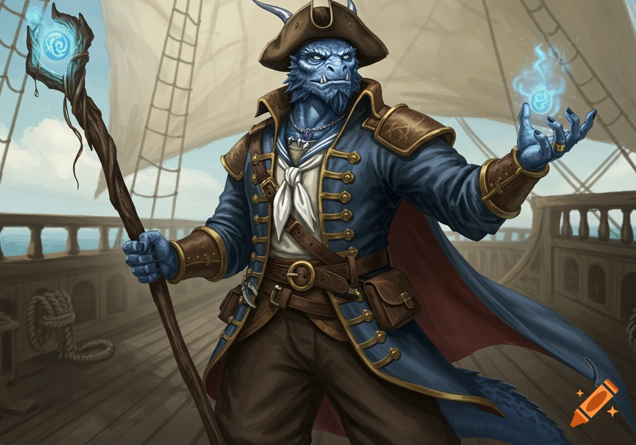 Blue Dragonborn pirate holding a glowing staff on a ship deck on Craiyon