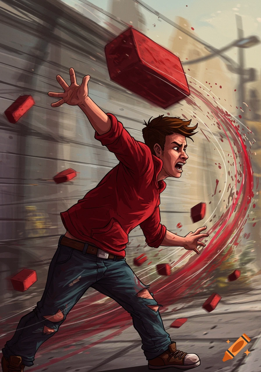 Stylized art of a person throwing a brick with red splatter. on Craiyon