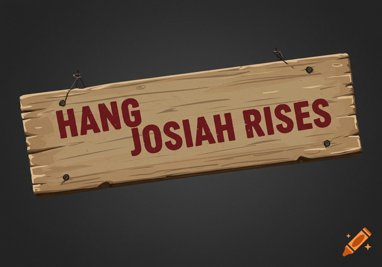 A wooden sign hangs, with the red text "HANG JOSIAH RISES" written on ...