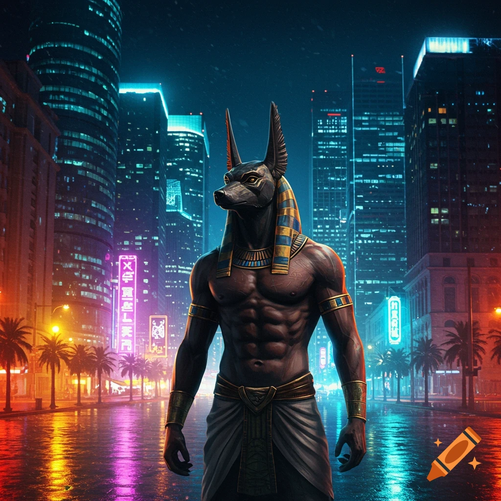 Muscular Anubis stands in a futuristic city at night, illuminated by ...