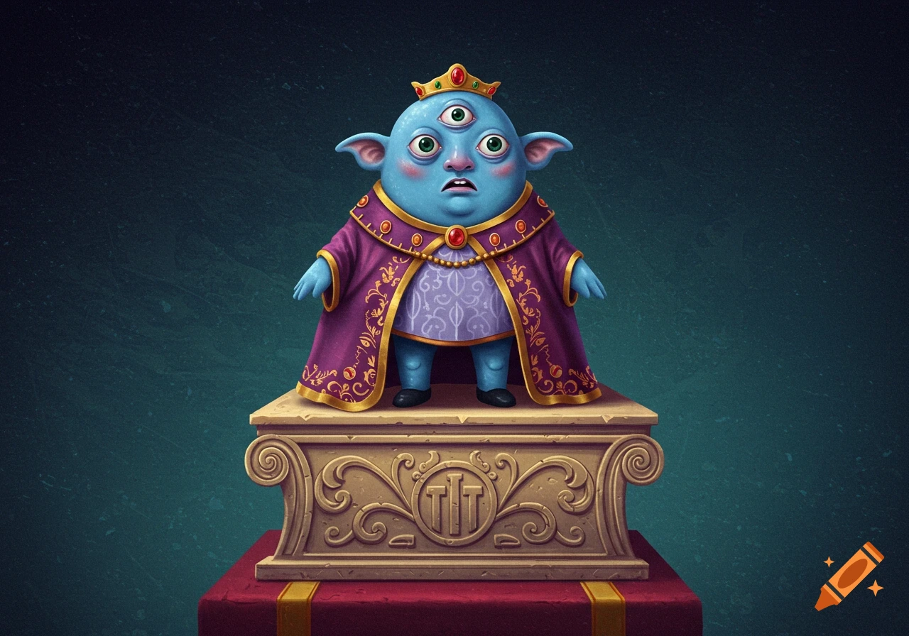 Blue three-eyed creature in crown and purple robe on ornate pedestal ...