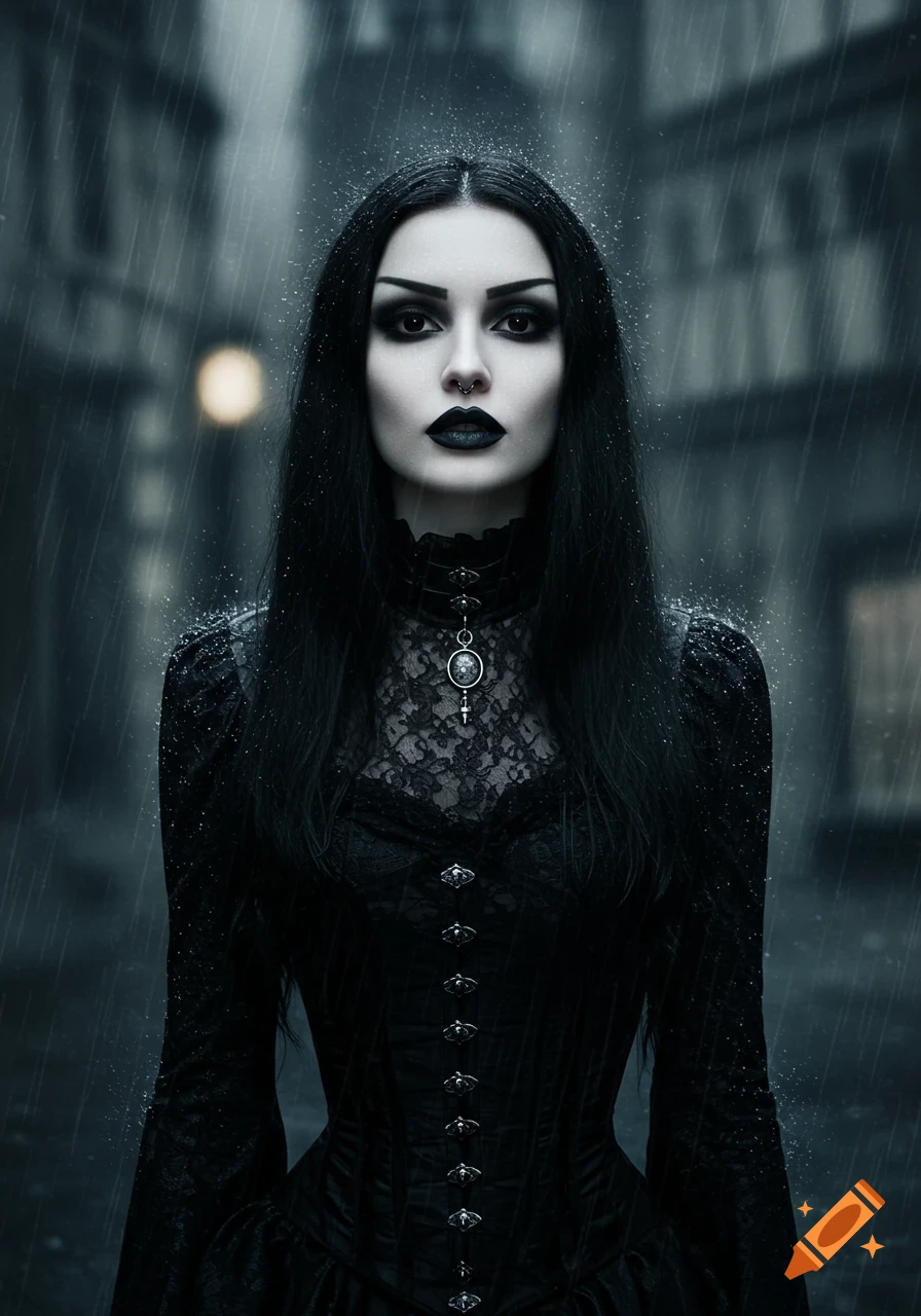 A goth woman with dark hair and makeup stands in the rain. on Craiyon