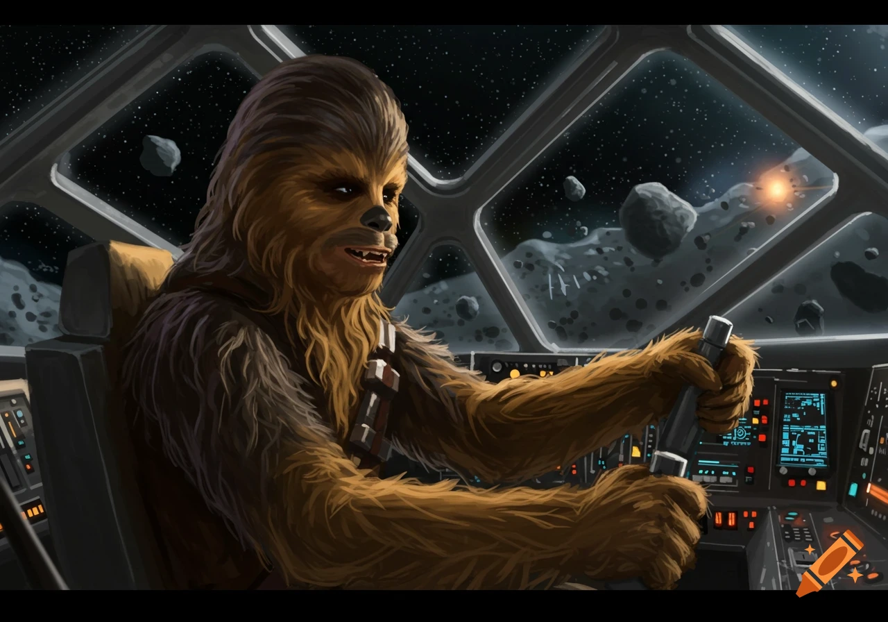 Chewbacca pilots the Millennium Falcon through an asteroid field. on ...