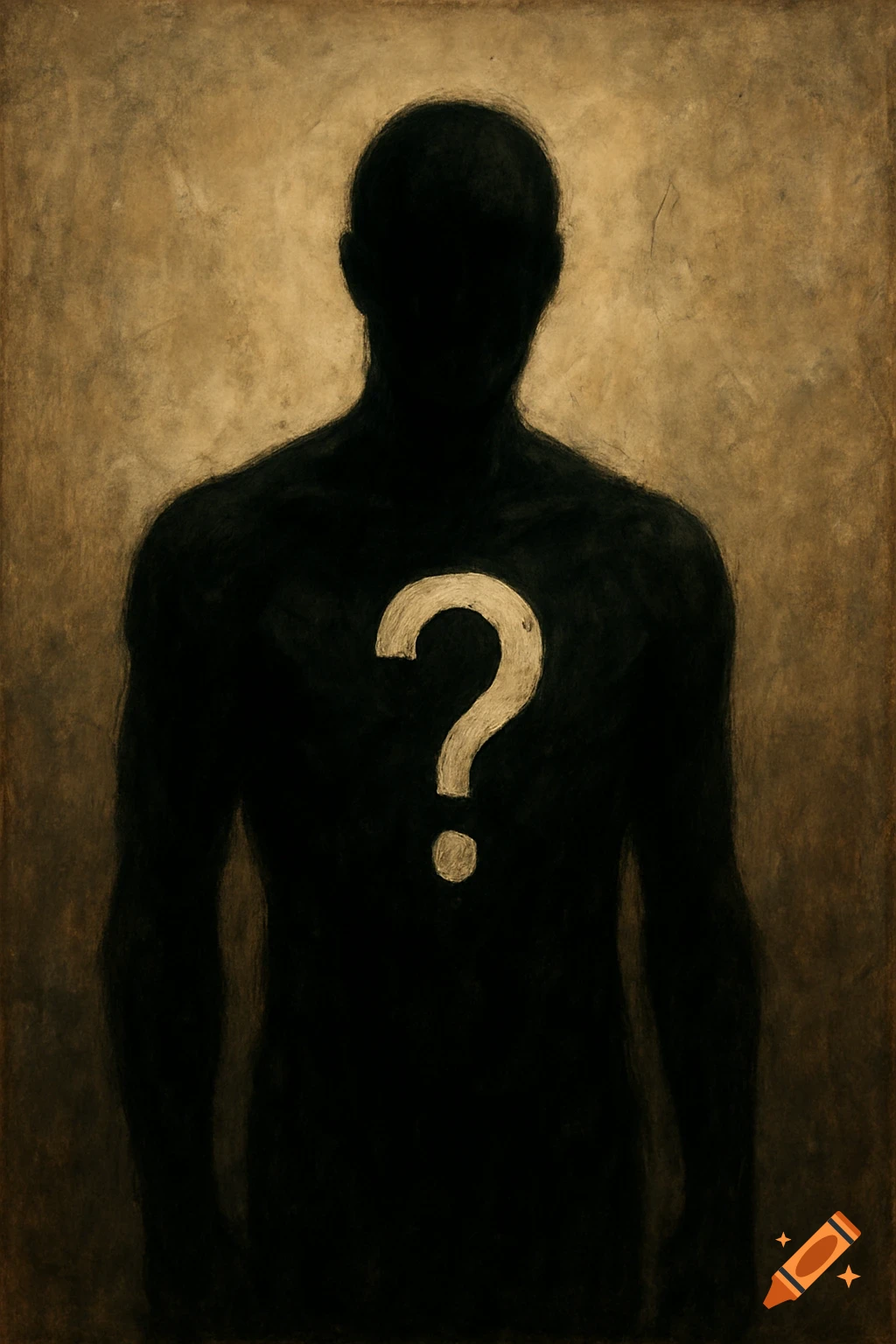 Black silhouette of person with white question mark on chest against ...